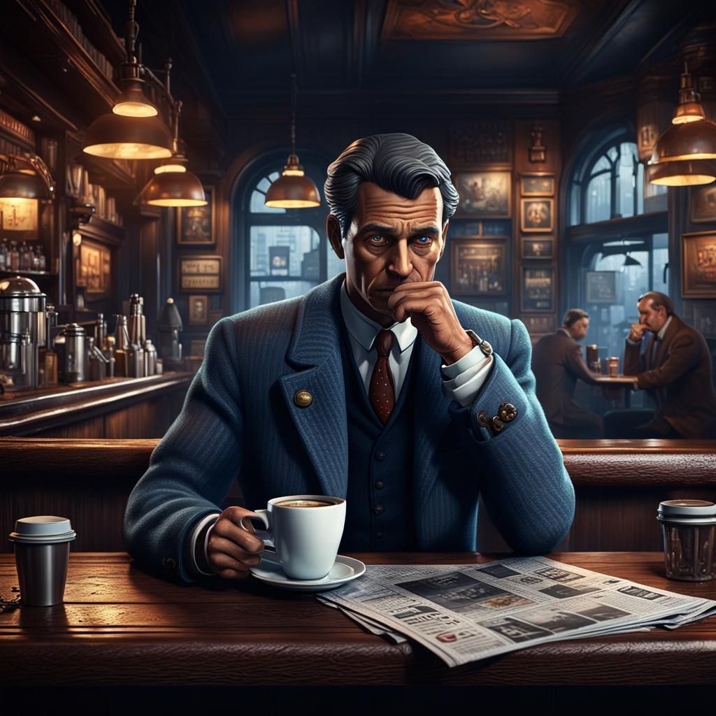 Noir detective in the bar, sad eyes, newspaper on the bar stand, drinking coffee super realistic ...