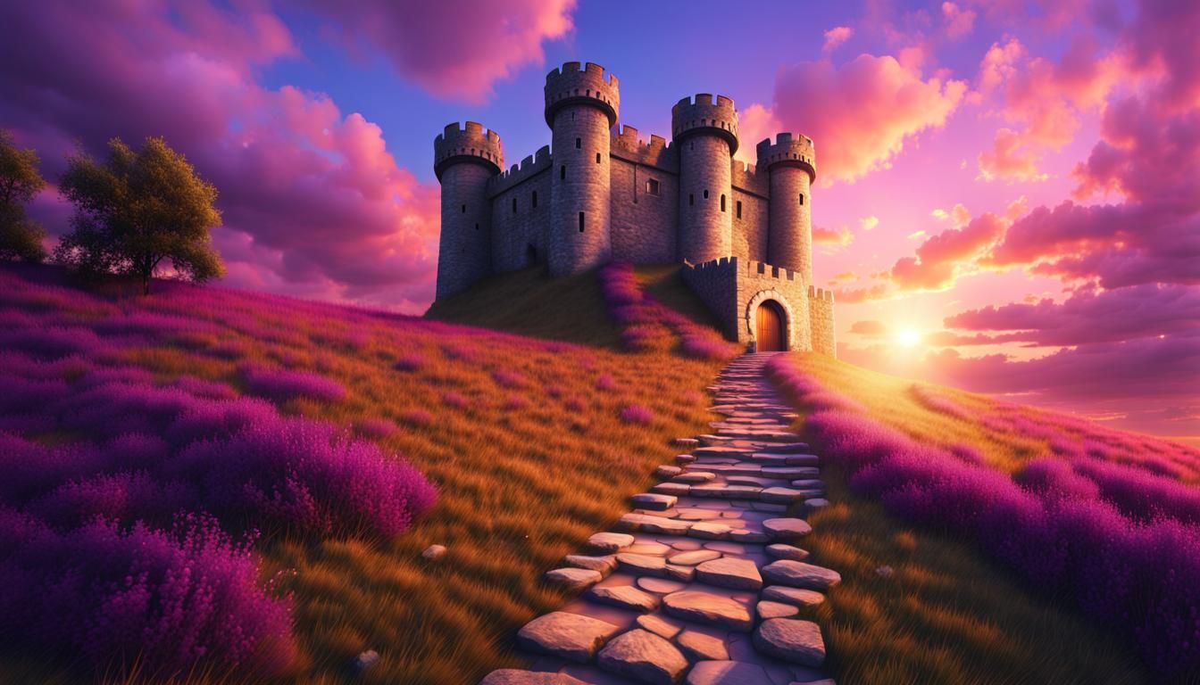 An epic medieval castle made of stone with a big wooden door, up in a ...