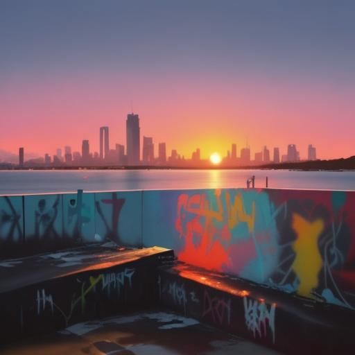 Sunset over the bay graffiti art, splash art, street art, spray paint ...