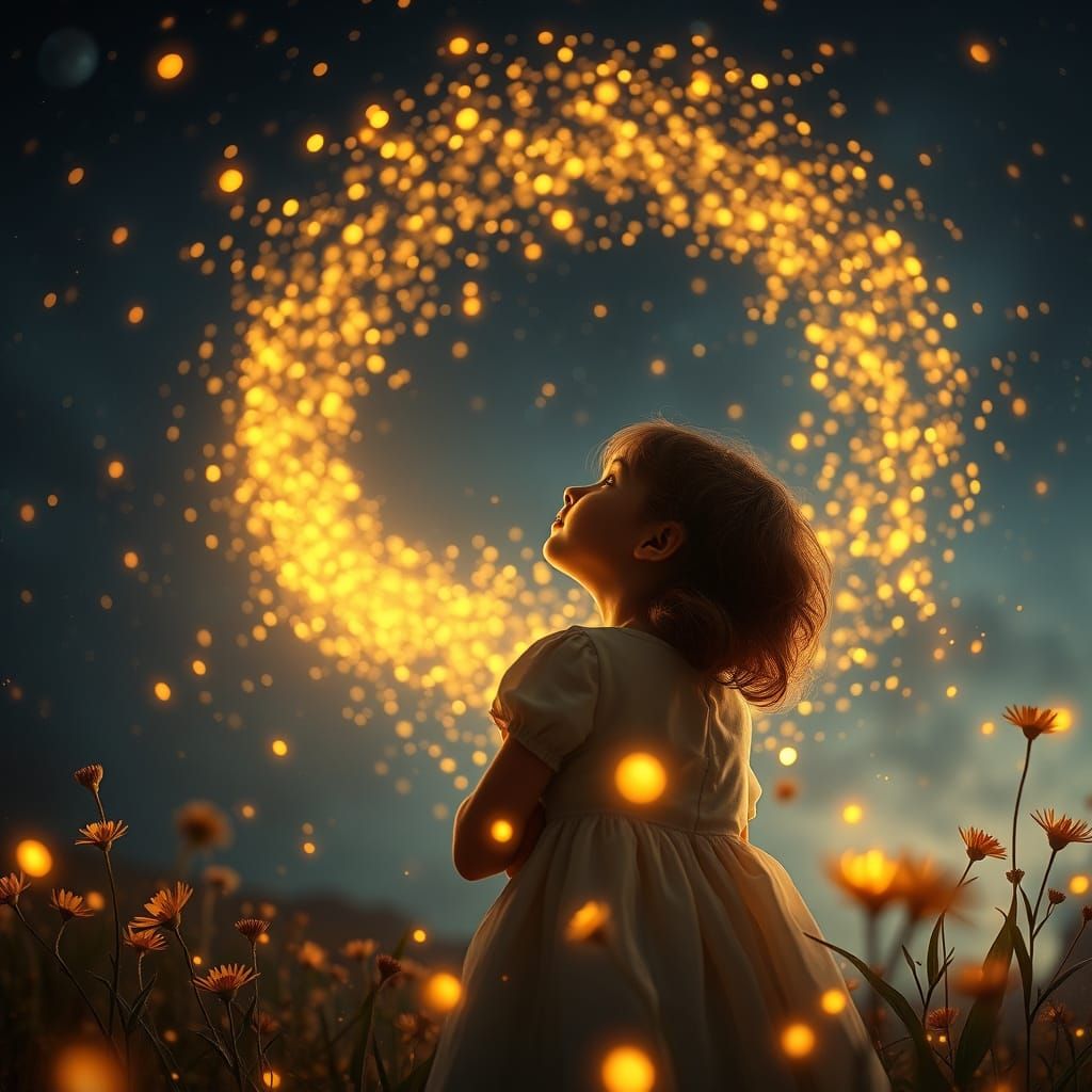 Child Watches Fireflies Form Flowers in Sky - AI Art