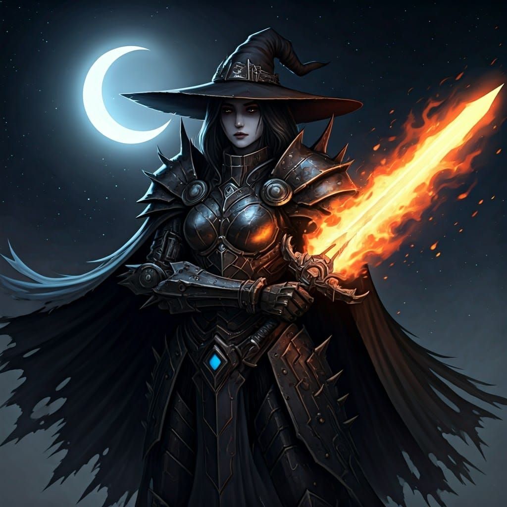 A goth witch RPG, wearing heavy mechwarrior armor, holding a fire elemental sword...