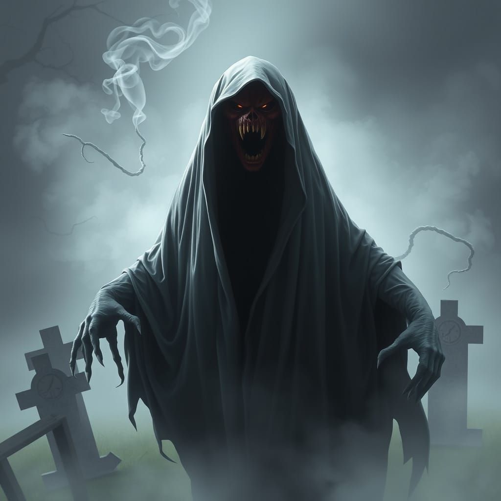 A ghostly wraith in a fog-drenched graveyard, mouth gaping wide in a ...
