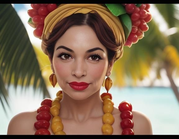 Carmen Miranda with her fruit turban on a Island Oasis. Chica chica ...