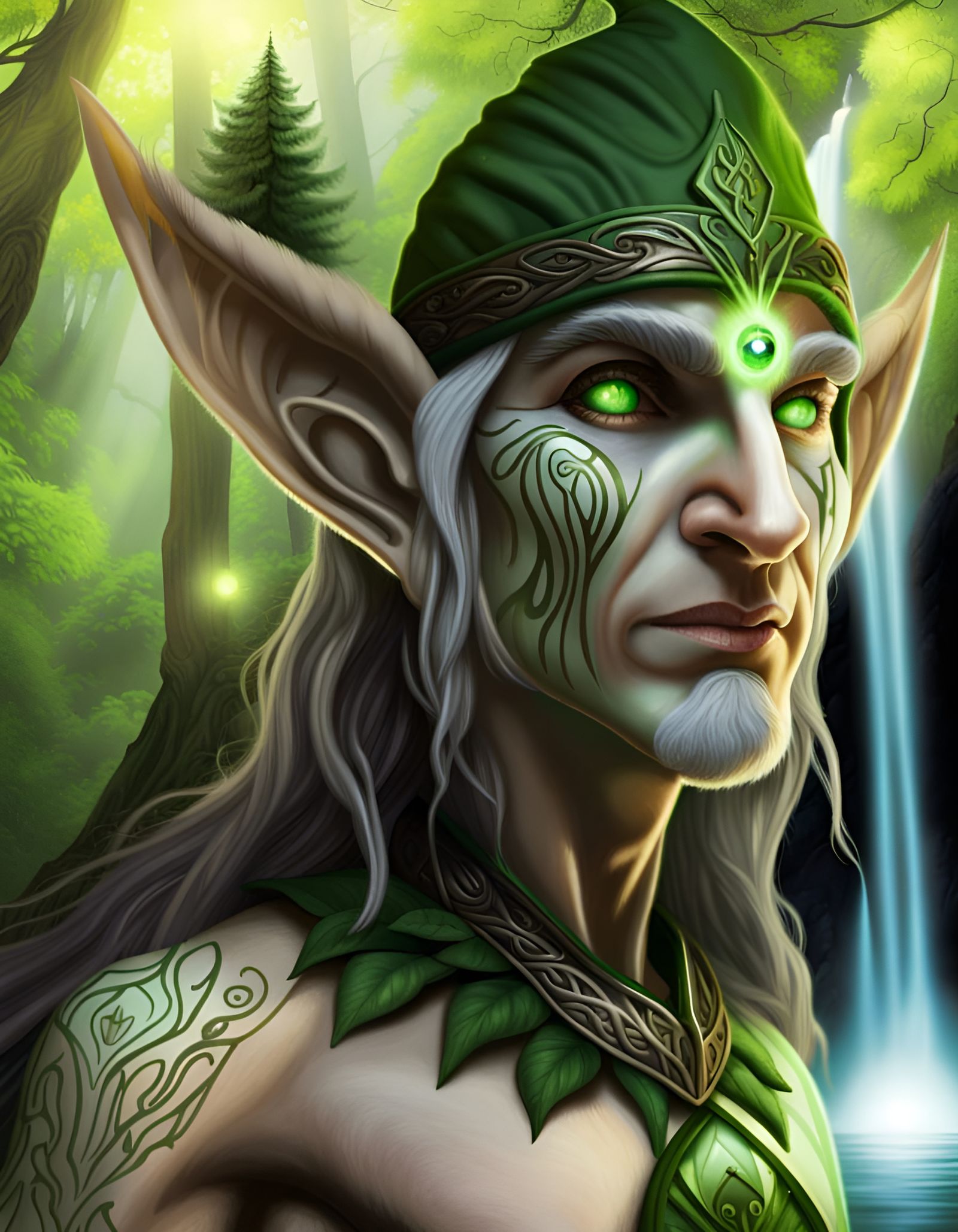 big nose elf, glowing green light eyes, green glowing shinning light ...