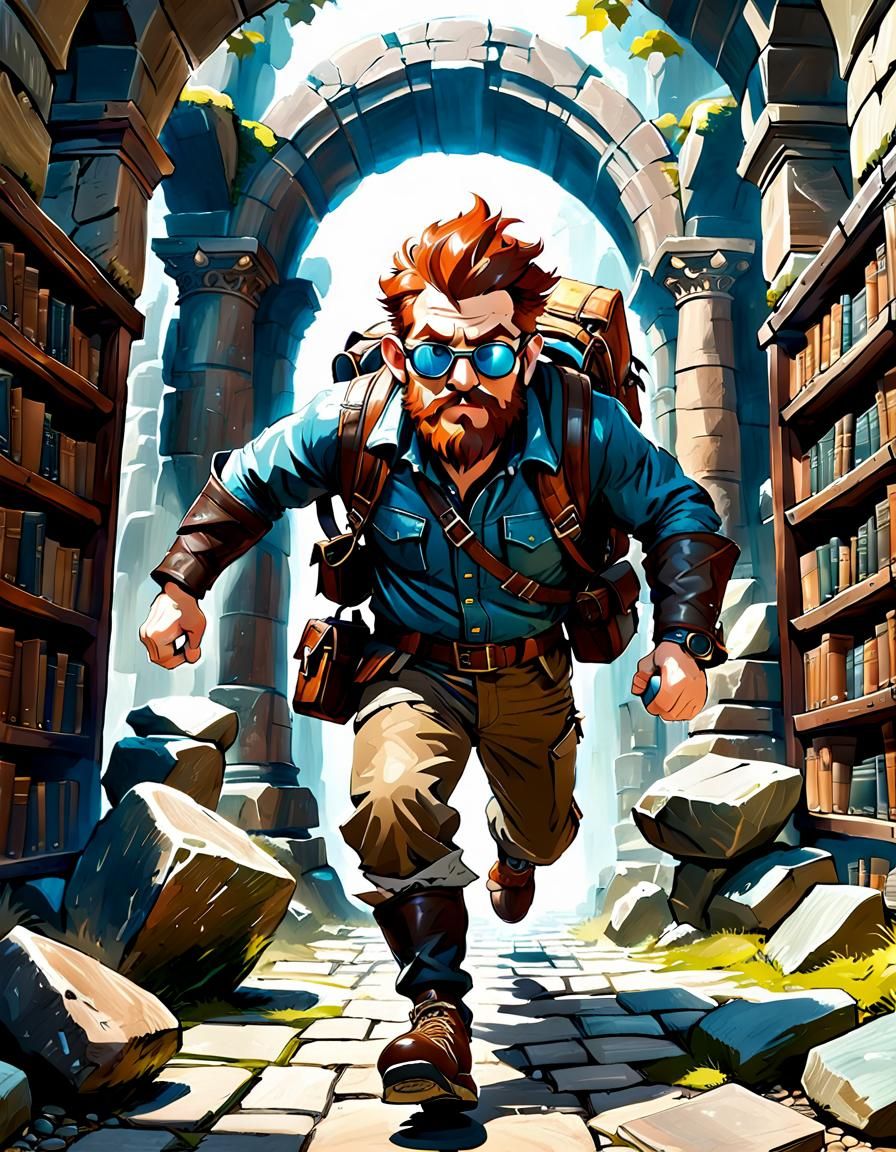 A short beardless male gnome explorer with auburn hair, wearing a ...