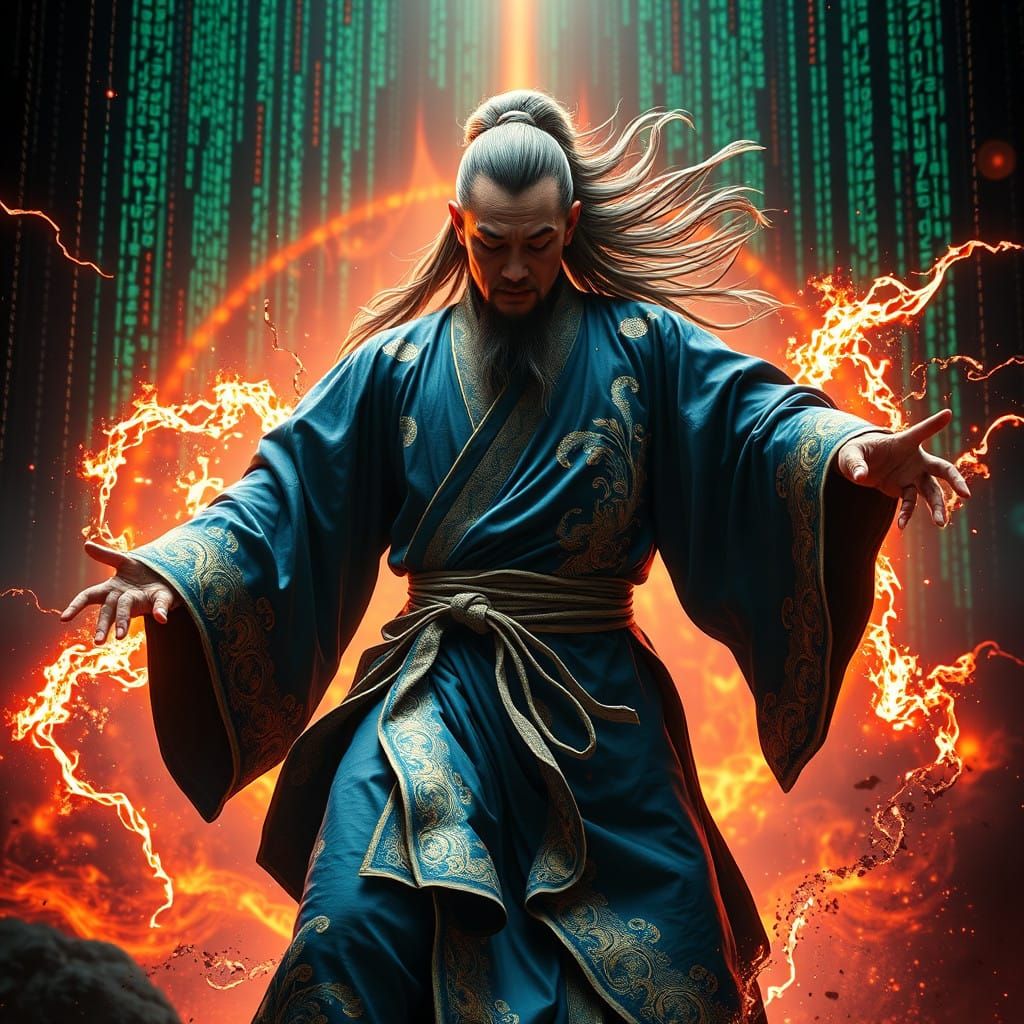 A Shaolin master breaking the boundaries of the matrix holding a Qi force of immense power