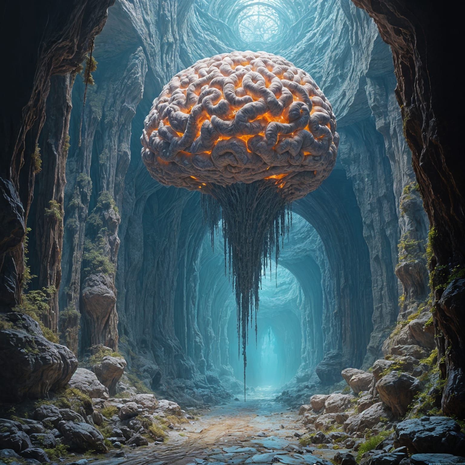 Surreal Fractal Cathedral with Bioluminescent Brai... - AI Art