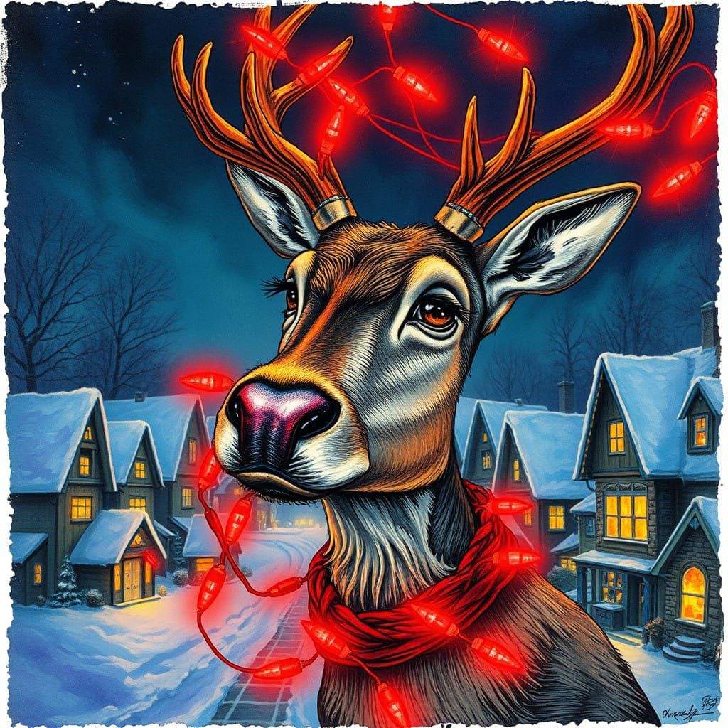 Portrait of Rudolph stealing all the red light strings, so they couldn ...