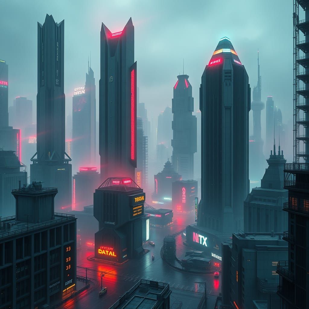 Cyberpunk 2099 Cityscape in Obsidian and Neon - AI Art