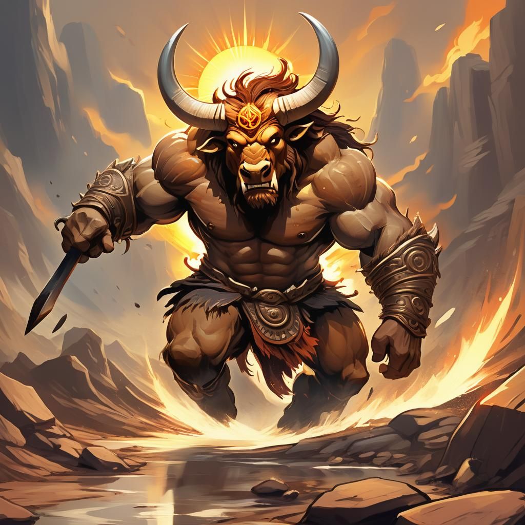The ground will shake and the sun will fall in Minotaur art style - AI ...
