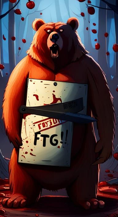A dark shadowed Demented Bear by a sign that reads: "FTG!" - AI ...