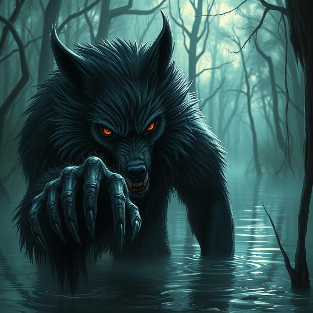 Bayou Werewolf Attacked by Fearsome Hunters - AI Art