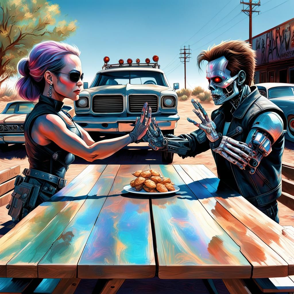 facing the viewer, Young John Connor teaching the Terminator mixed with ...