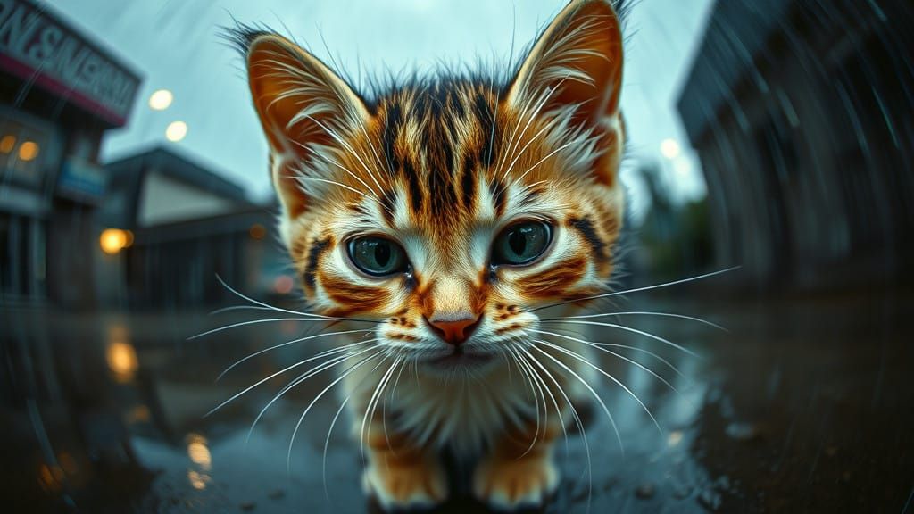 Cartoonish Kitten in the Rain, Exaggerated Caricat... - AI Art