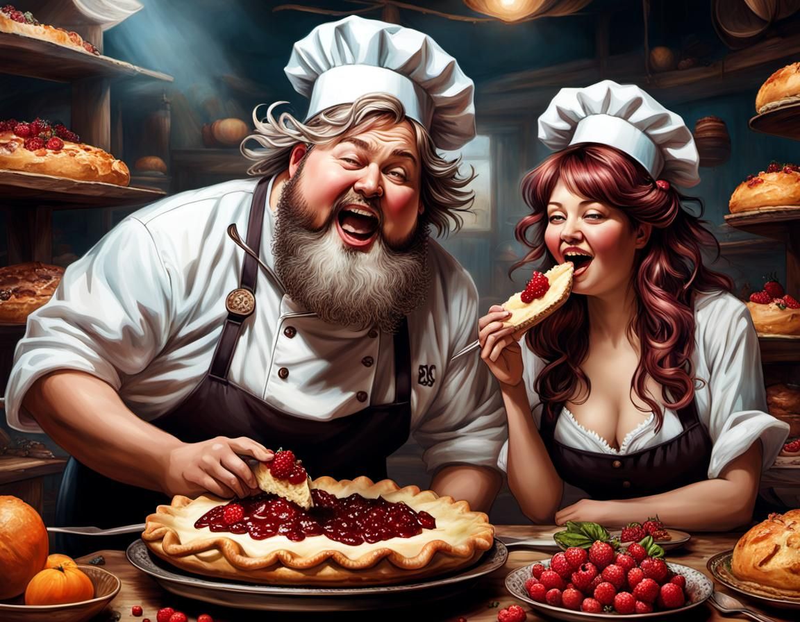 fat baker and his wife eating their pie - AI Generated Artwork - NightCafe Creator