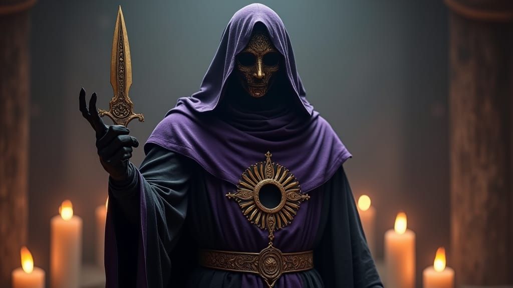 Make a dark robed man who is a cultist. He is wearing a tabard which is ...