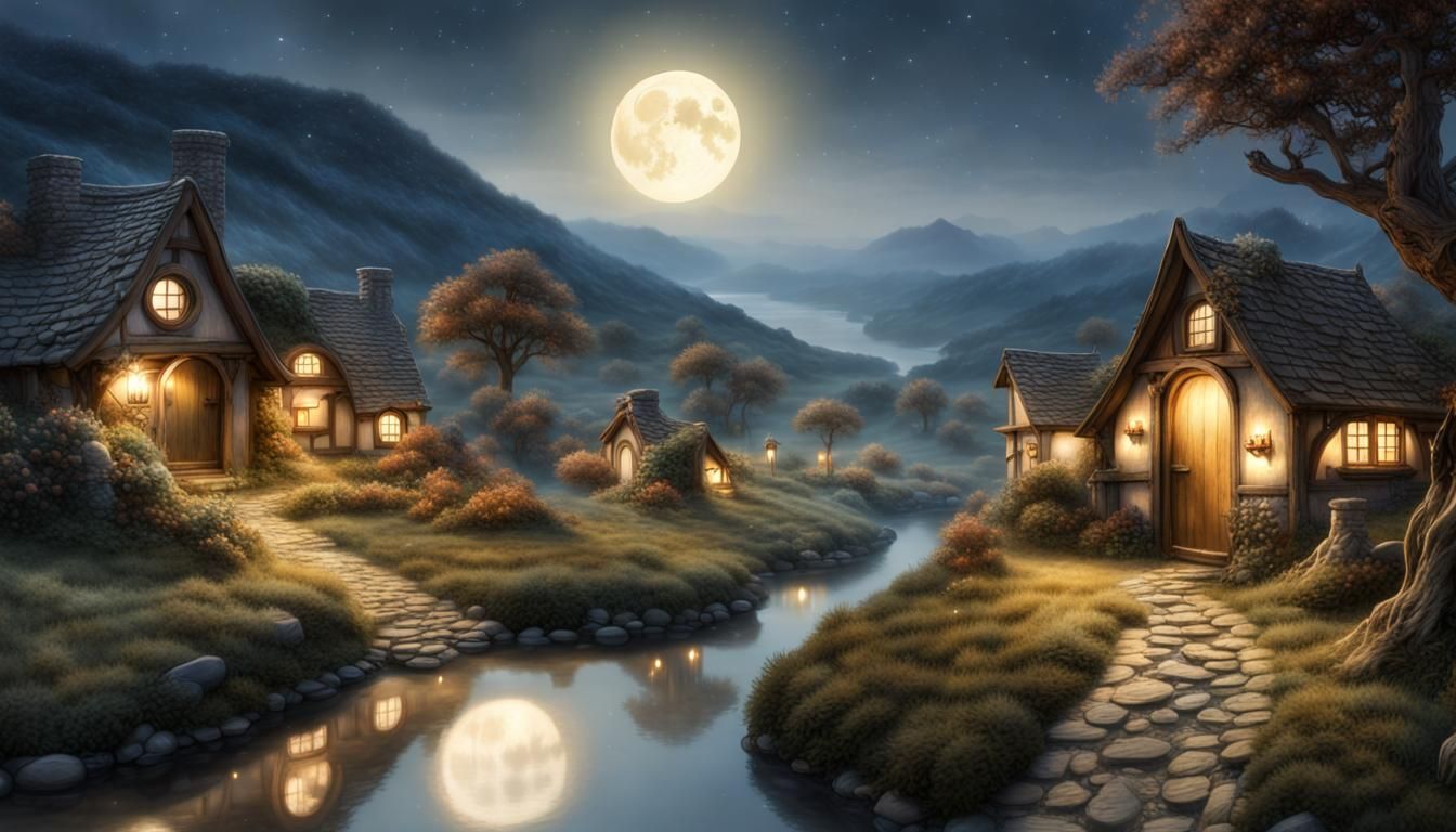 Beautiful portrait of woman walking in Miniature fantasy hobbit village ...