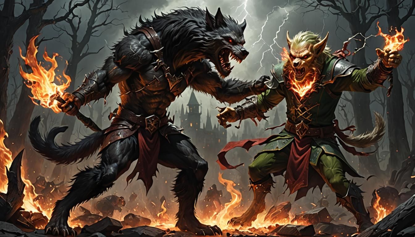 a demonic werewolf slashing a elf with fire and lightning - AI ...