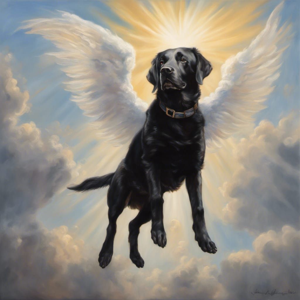 Older black lab dog with gossamer wings ascending to heaven ...
