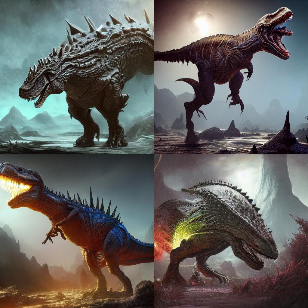 Alien t rex with spikes on his back, scales covering body, poisonous ...