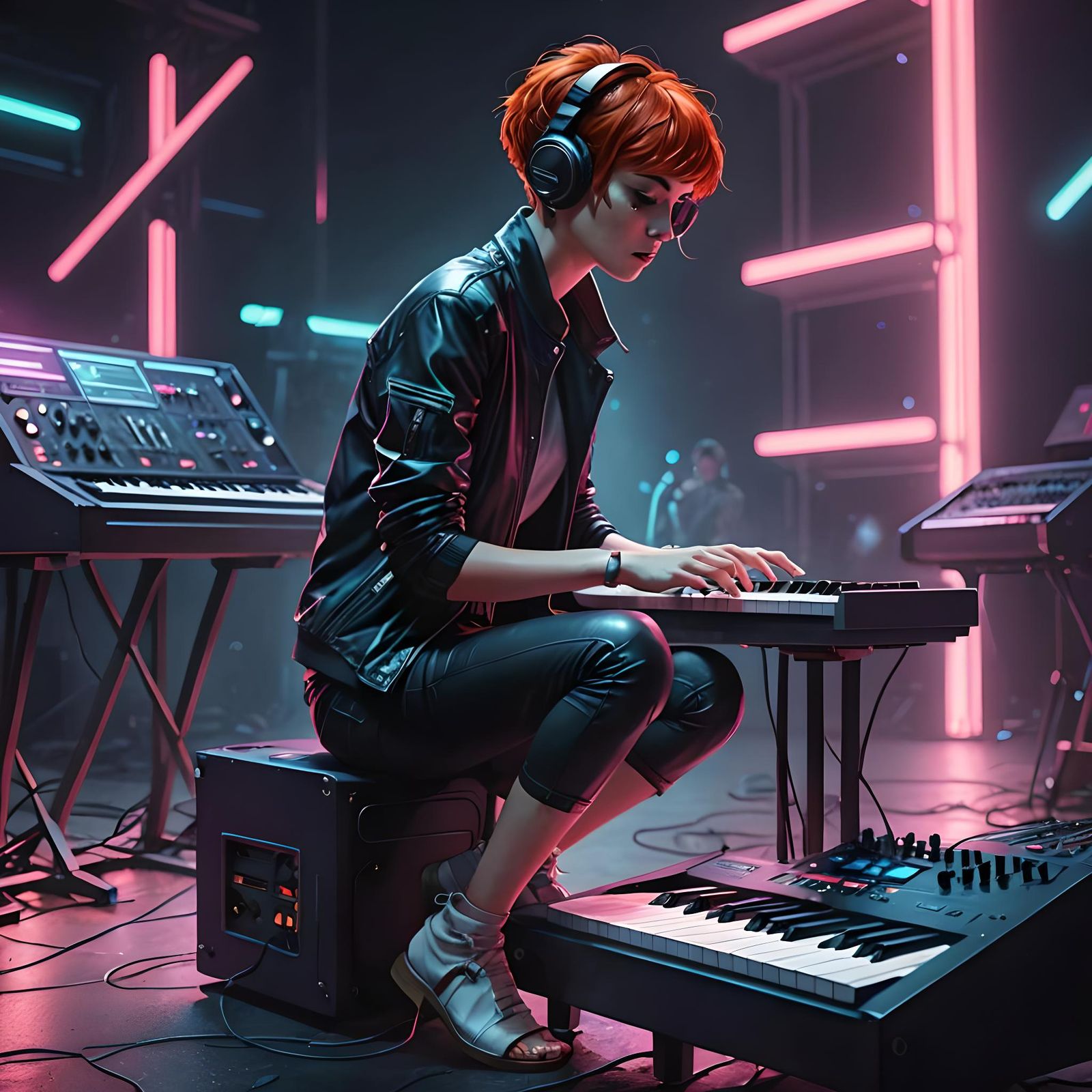 Redhead Synthwave Girl's Electrifying Concert Solo - AI Art