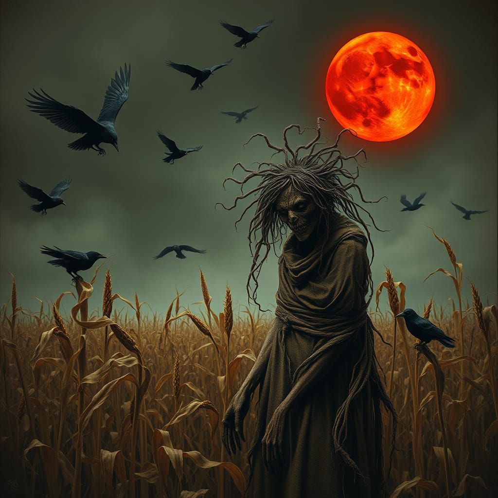 Grotesque Scarecrow Woman Under Red Full Moon - AI Art