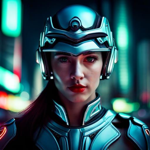 Portrait of a cyborg girl wearing futuristic face armor in a neon city ...