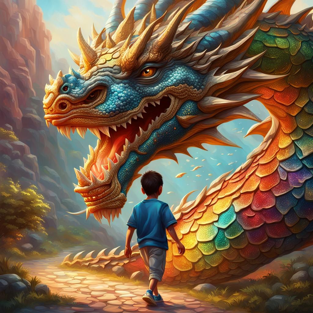Young boy walking his dragon - AI Generated Artwork - NightCafe Creator