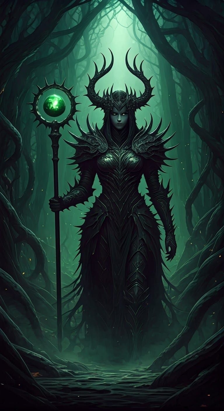 A mysterious sorceress stands amidst an ancient Eldritch forest
