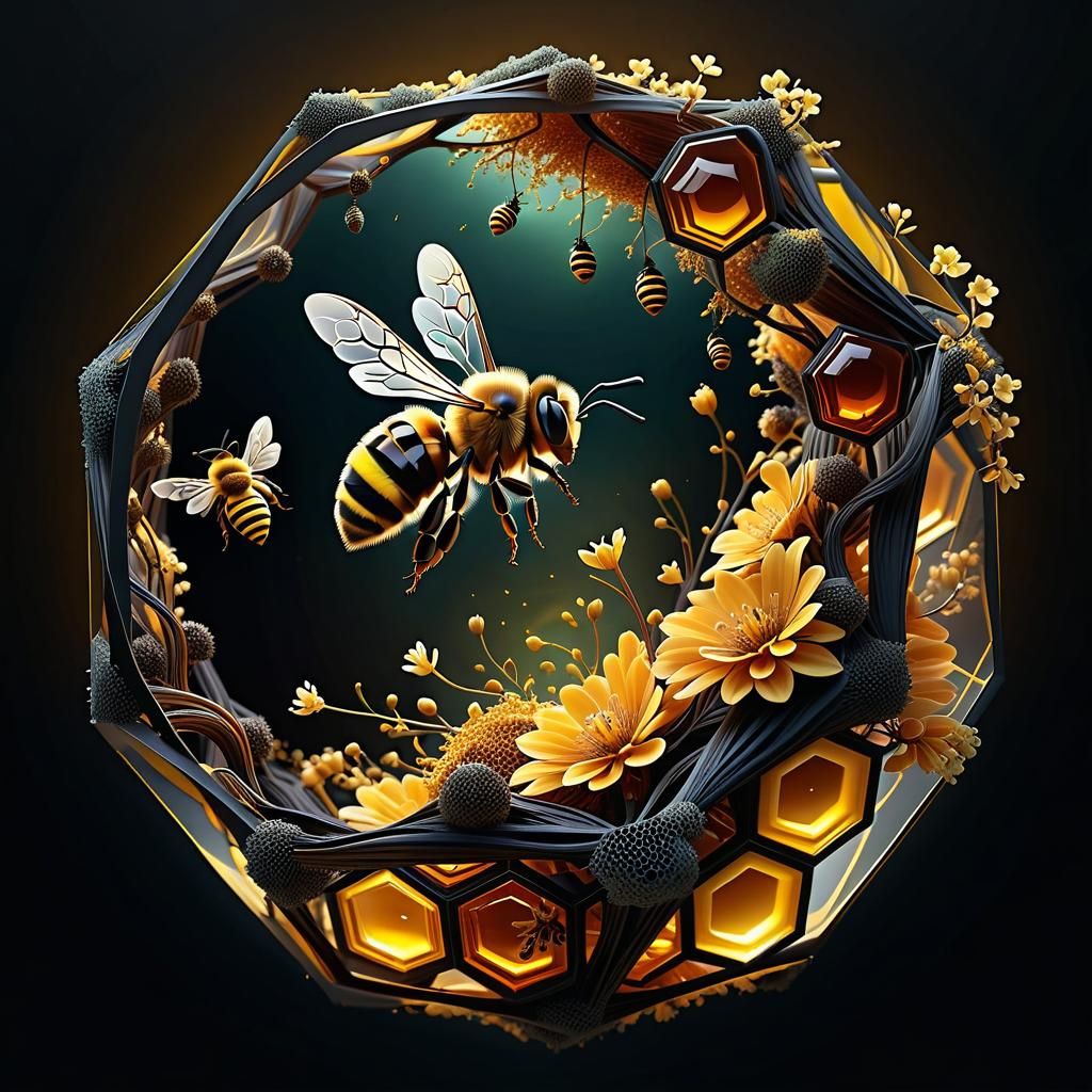 A Bees Spiral Nest: neural network, hexagon, honey, hyperrealistic bee ...
