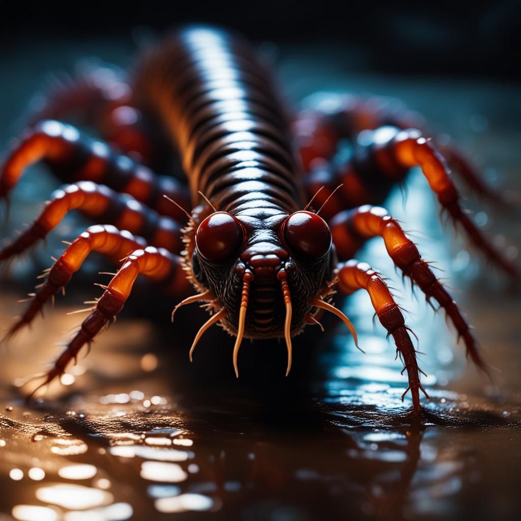 close up of a centipede in a dark damp corner getting ready to pounce ...
