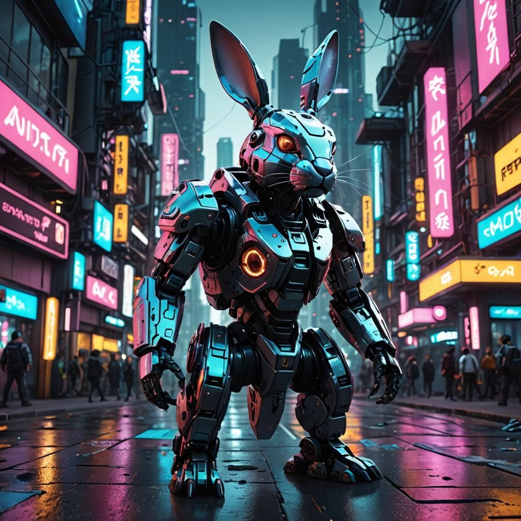 Robo-Cyborg bunny in a futuristic neon city, cyberpunk. - AI Generated ...