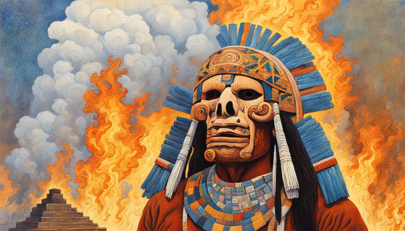 An Aztec priest wears a Xiuhtecuhtli mask , surrounded by smoke and ...