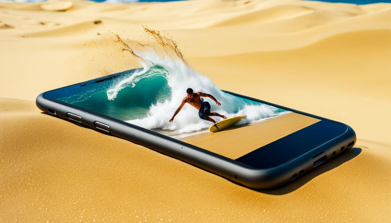 A surfer coming out of my smartphone on the beach - AI Generated ...