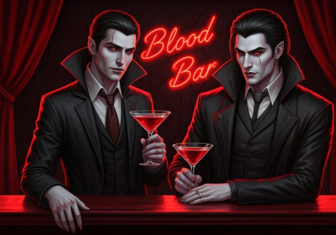 Vampires Enjoying Blood Red Cocktails in a Neon Li... - AI Art