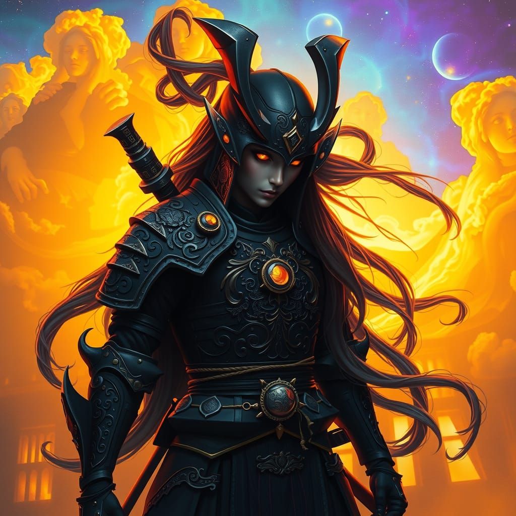 Dark Fantasy Drow Elf Samurai in Art Nouveau Armor - AI Art