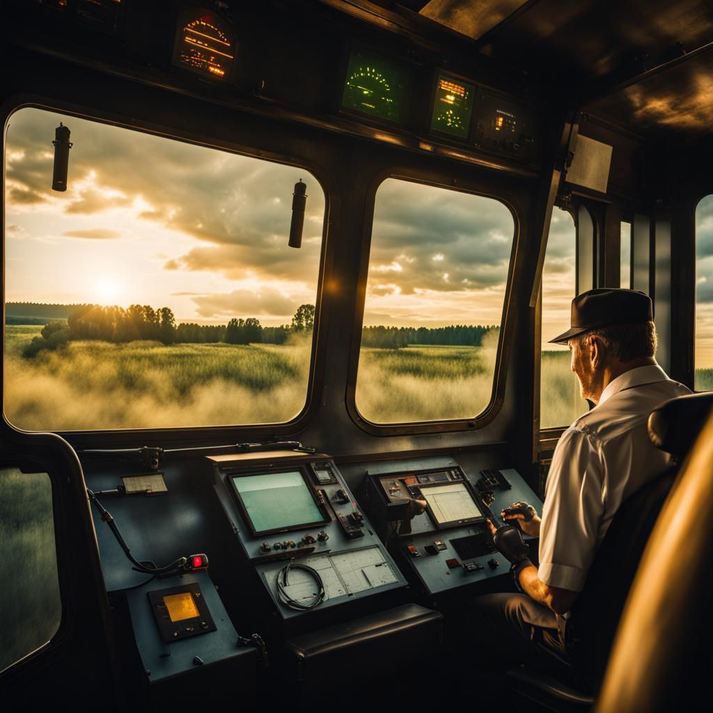 train driver cab. Ispeed, braking, and other functions. windows, nature ...