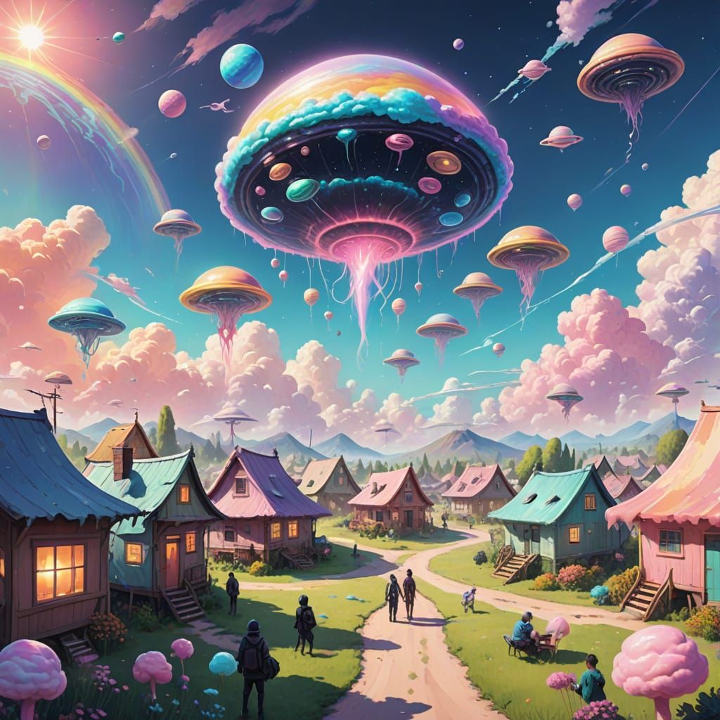 A colorful, cute sci-fi alien village