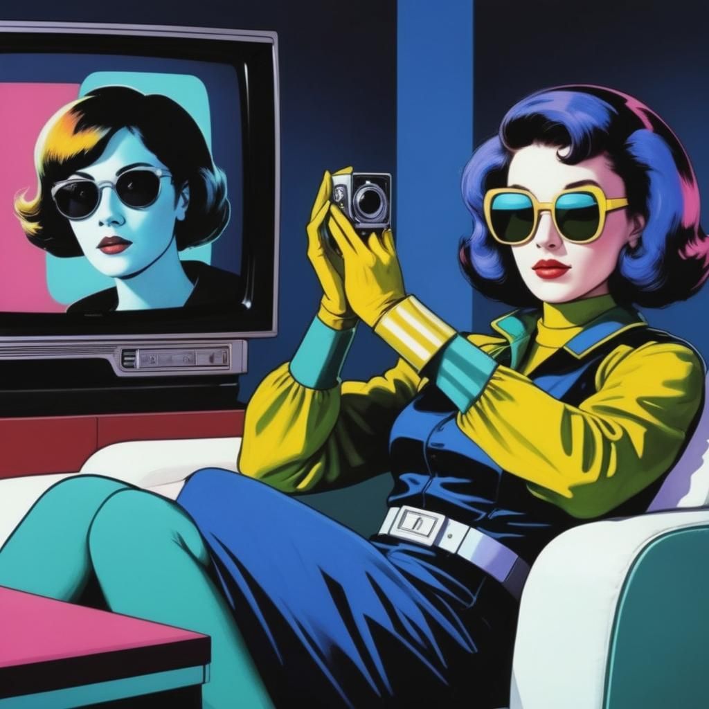 Retro Technicolor style scene of a woman wearing sunglasses is sitting ...