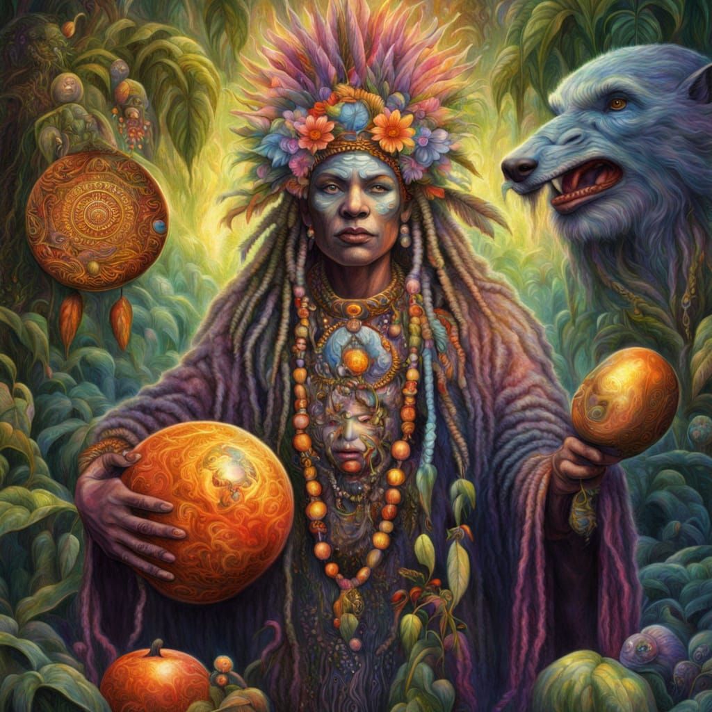 An ancient shaman witch doctor stands in the jungle holding colorful ...