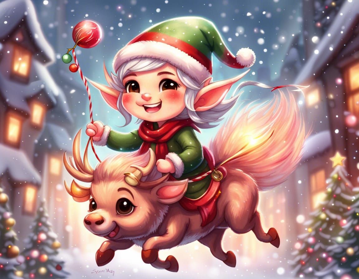 An Adorable happy chibi Christmas elf riding an adorable raindear ...