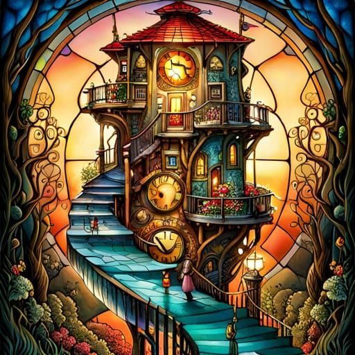 Steampunk Treehouse Stained Glass Window - AI Generated Artwork - NightCafe Creator