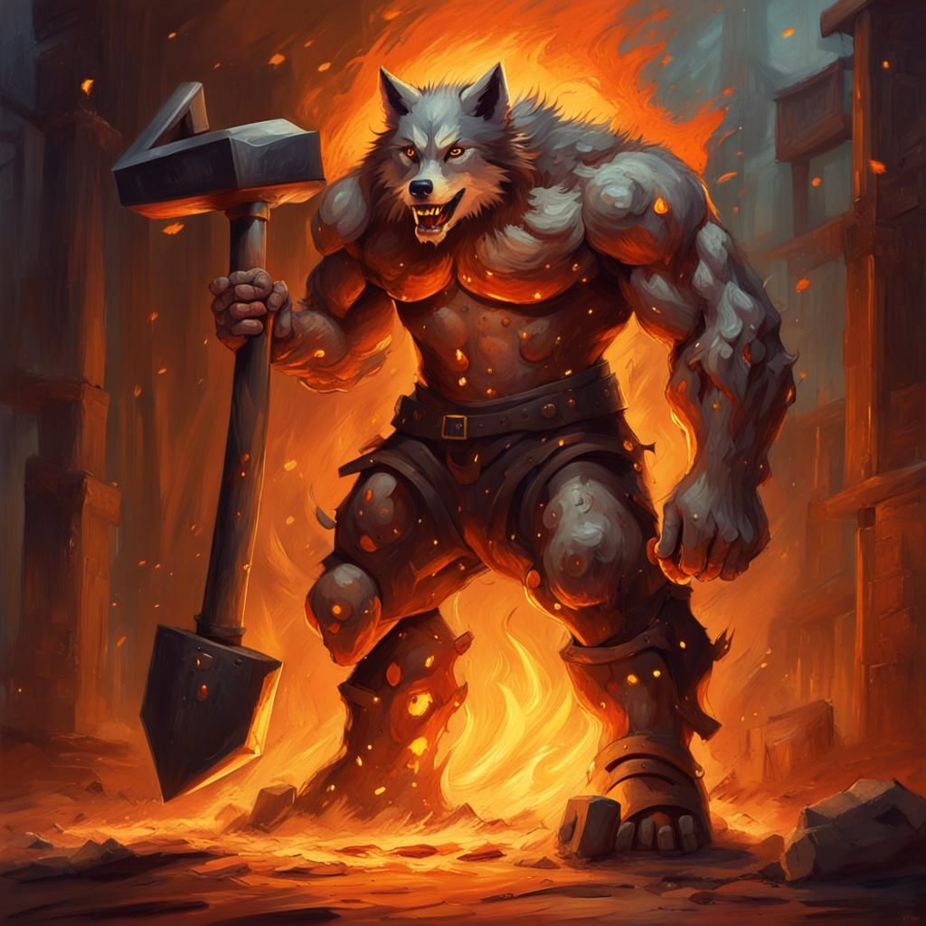 A walking blacksmith forge construct golem in the likeness of a bipedal ...