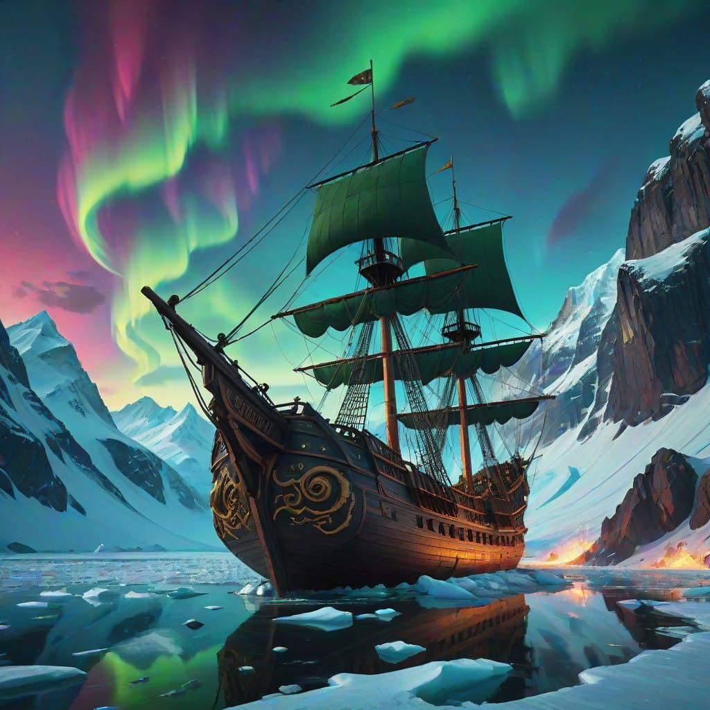 Pirate Ship on Glacier Under Aurora Borealis in Hy... - AI Art
