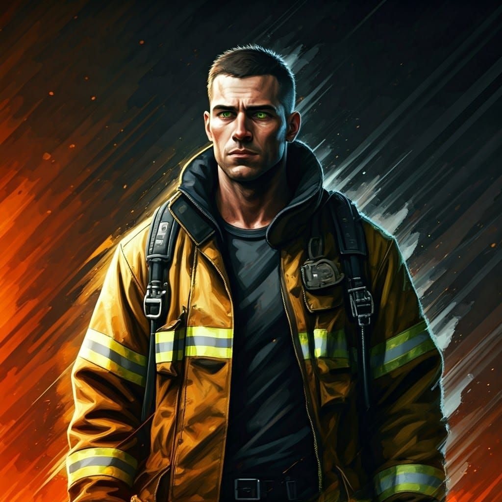Rugged Young Firefighter in Wild Ink Wash Style - AI Art