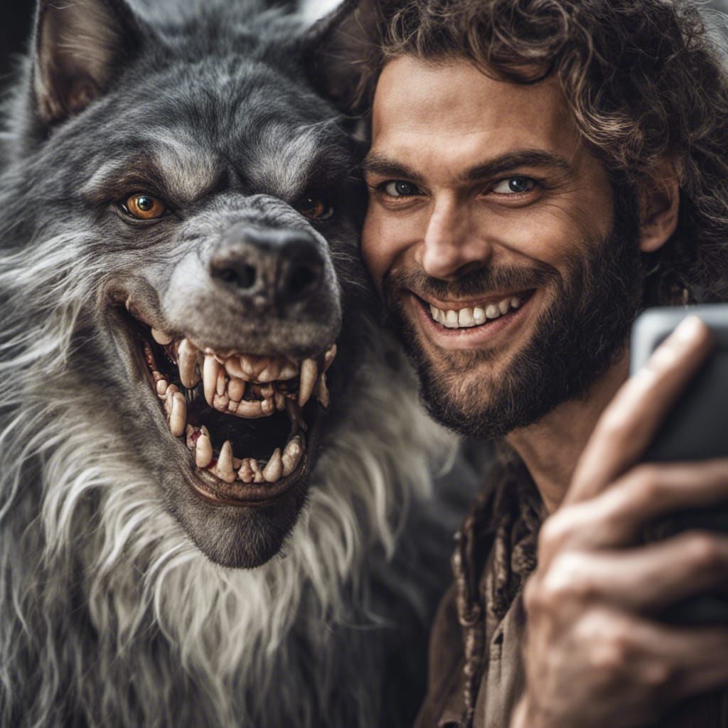Taking a selfie with a smiling werewolf, sharp focus, sharp details ...