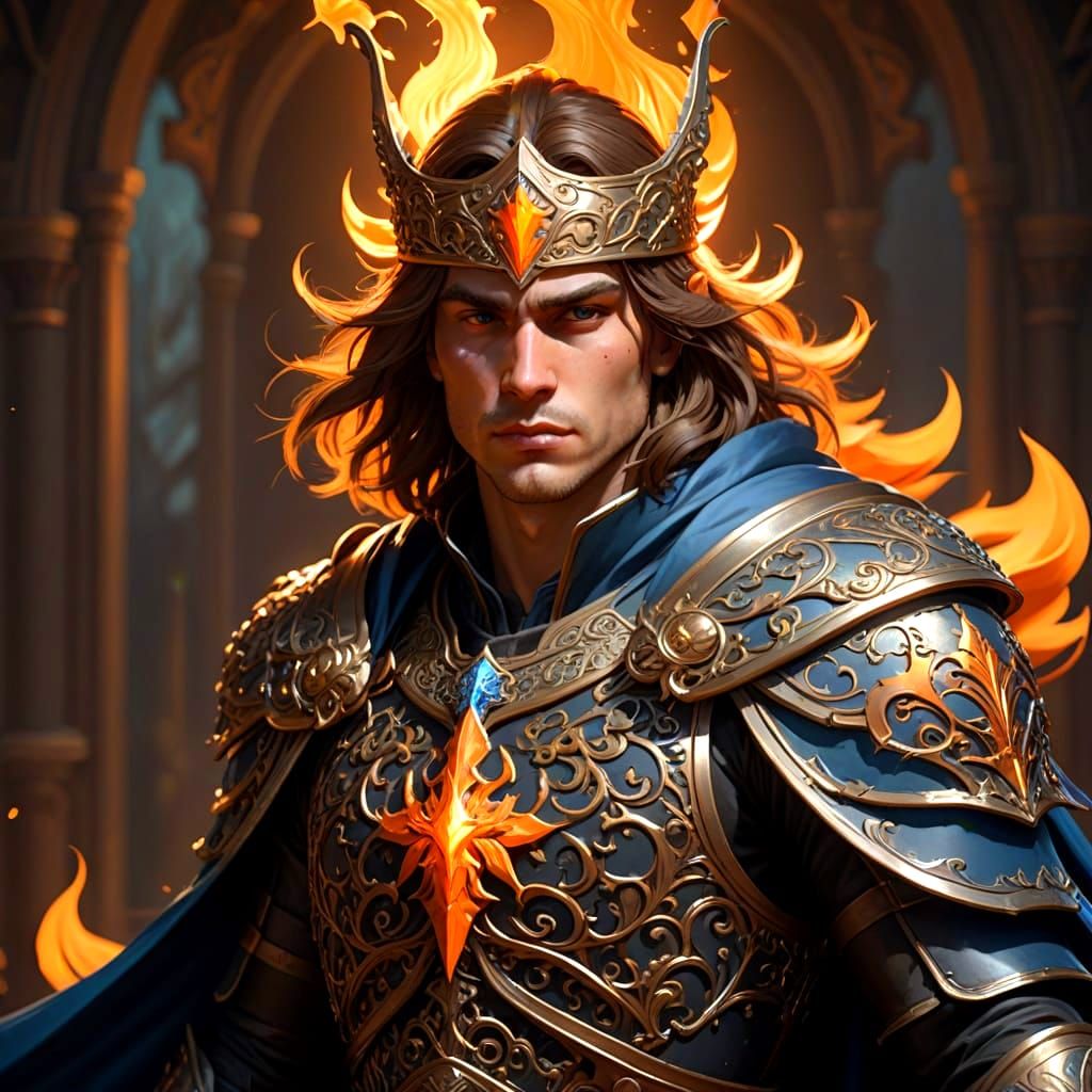 Rugged Fighter in Black Armor, with Flaming Sword ... - AI Art