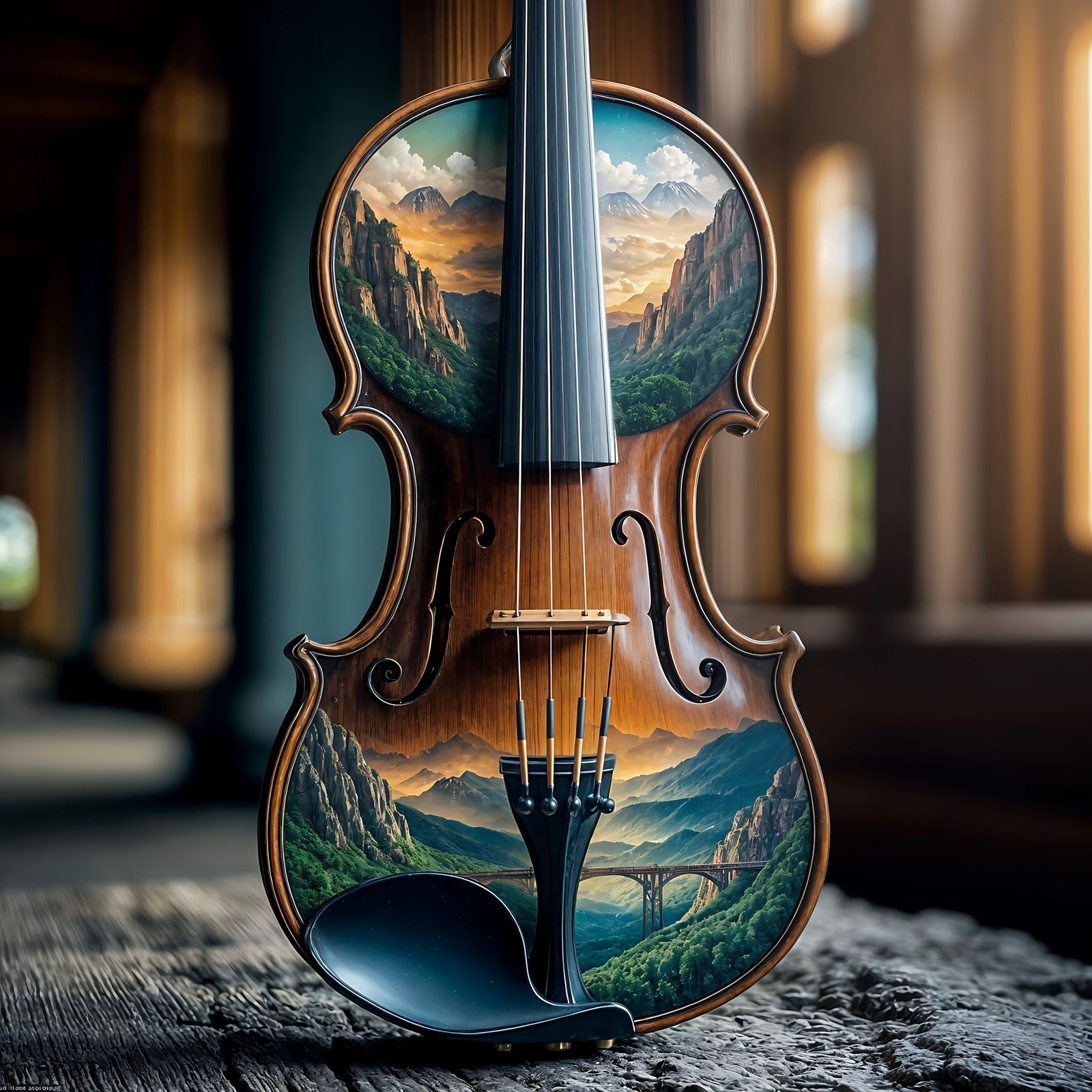 A vertical violin stands as an unusual canvas