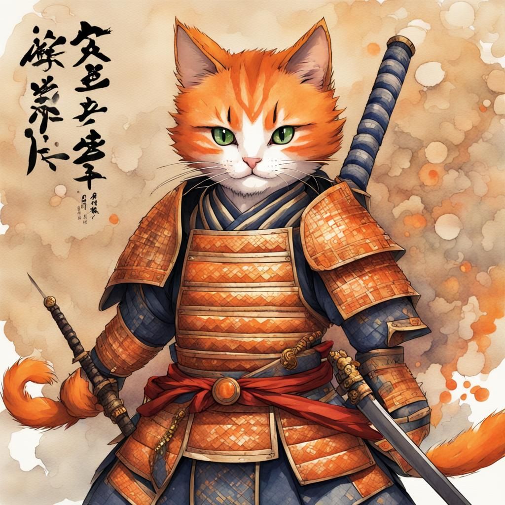 Samurai orange kitty cat, ancient armour, ancient sword, standing guard ...
