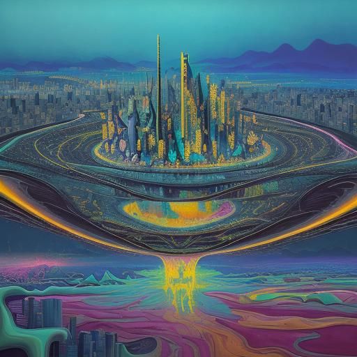 Distorted neon cityscapes, pixelated landscapes melting into surreal ...